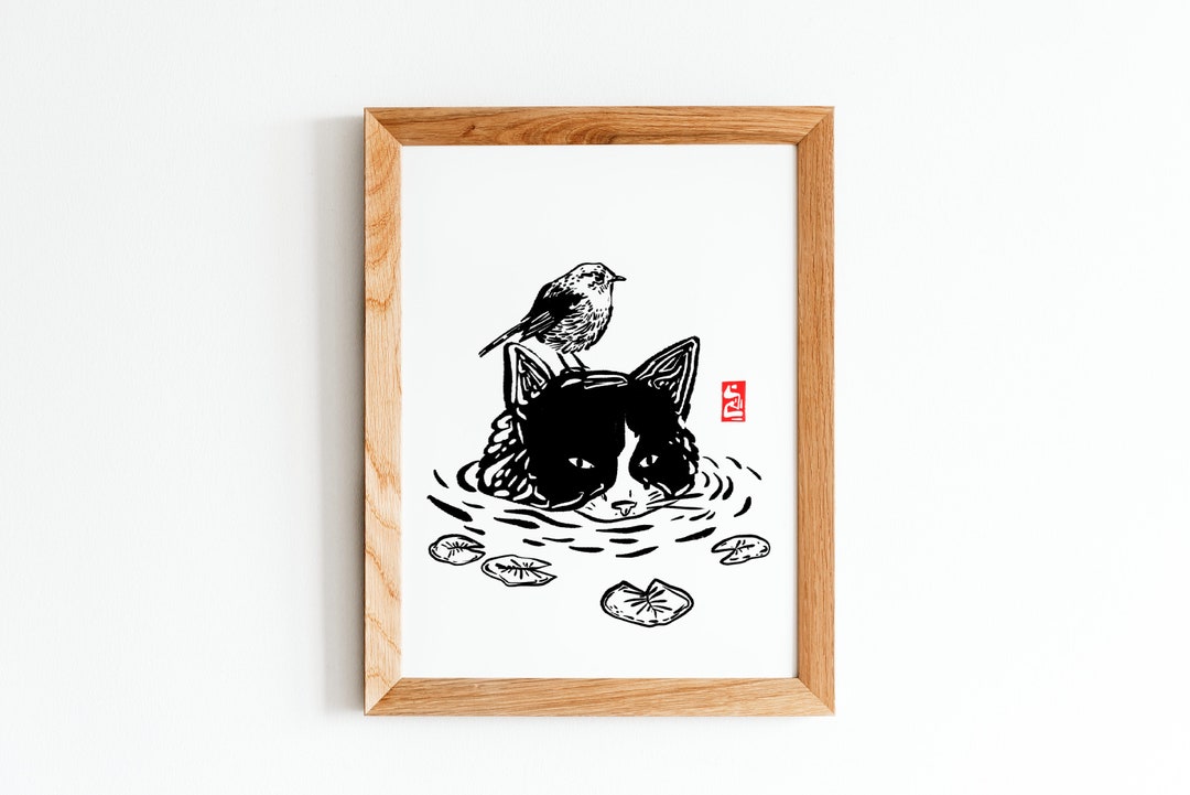 Cute Bird and Cat in Water Linocut Art Print, Printable Ink Technique ...