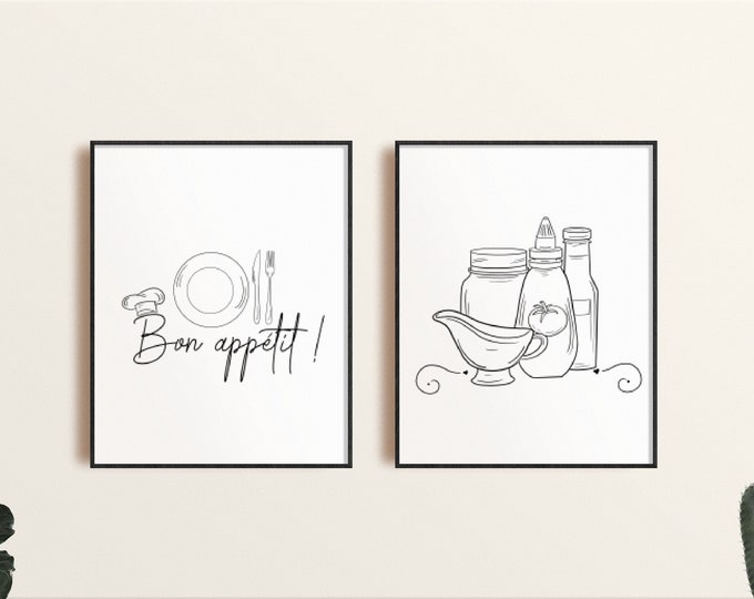 Set of 3 Line Drawing Printable Kitchen Decor ,kitchen Wall Art, Dining ...
