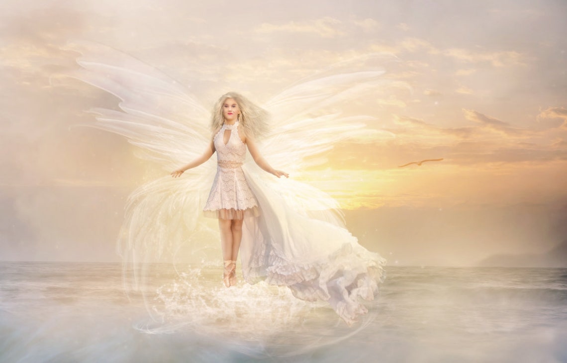 Digital Water Fairy Background, Fairy Over Ocean, Sunset Fairy ...