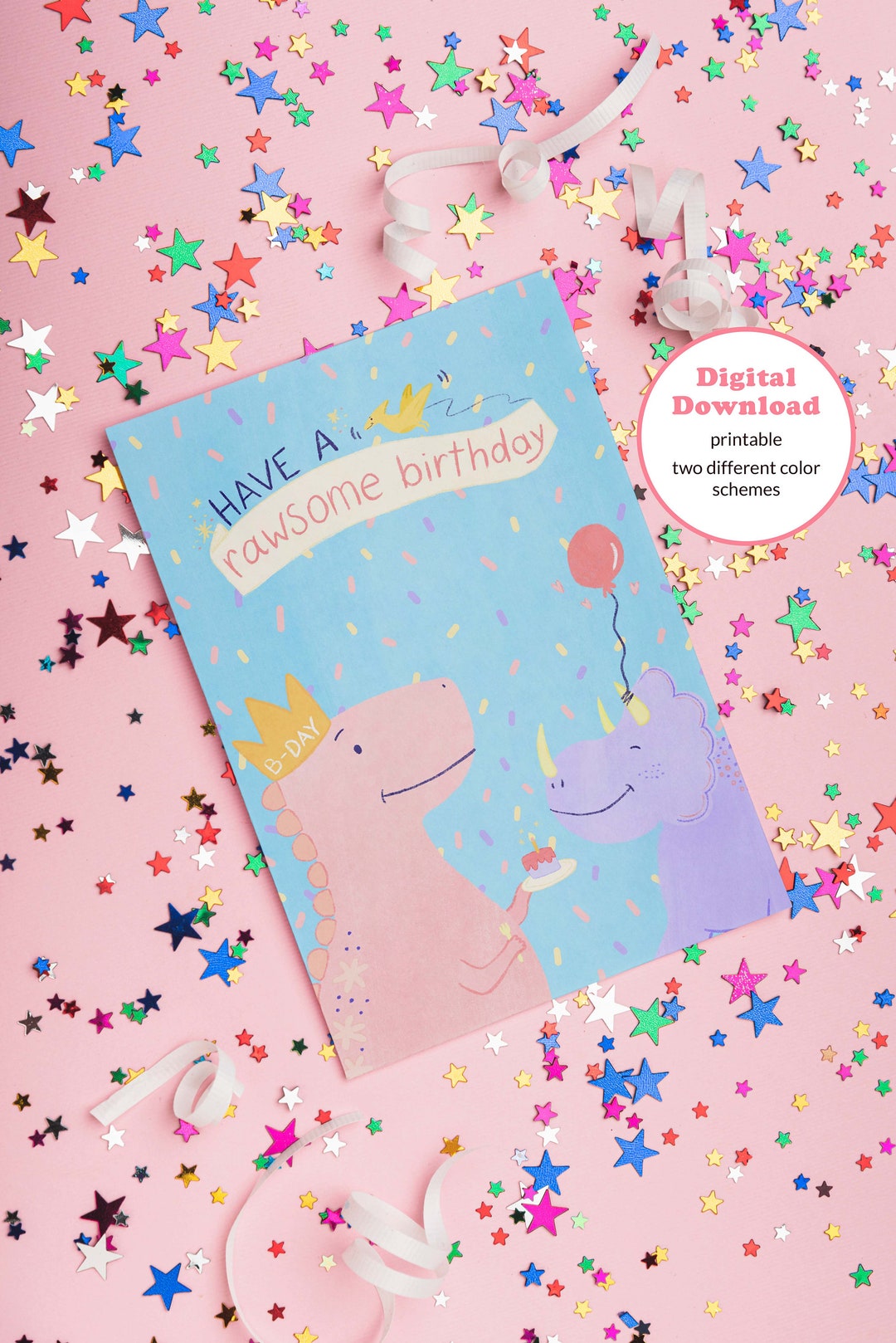 Printable Dino Birthday Card, Pastel Color, Rawsome, Dinosaur, PDF ...