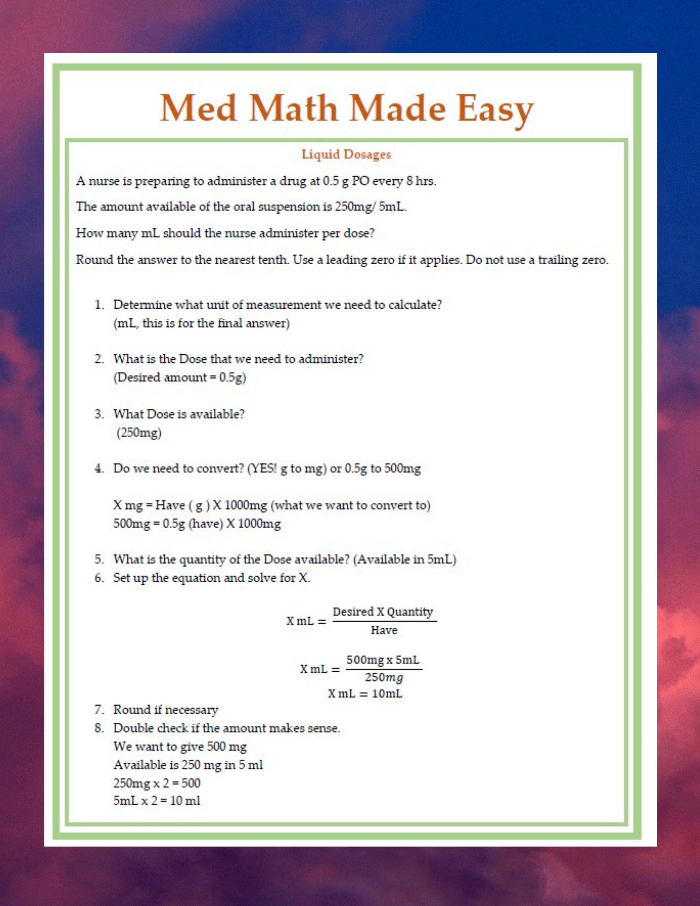 RN Nursing Student Pharmacology Med Math Made Easy With Step by Step ...