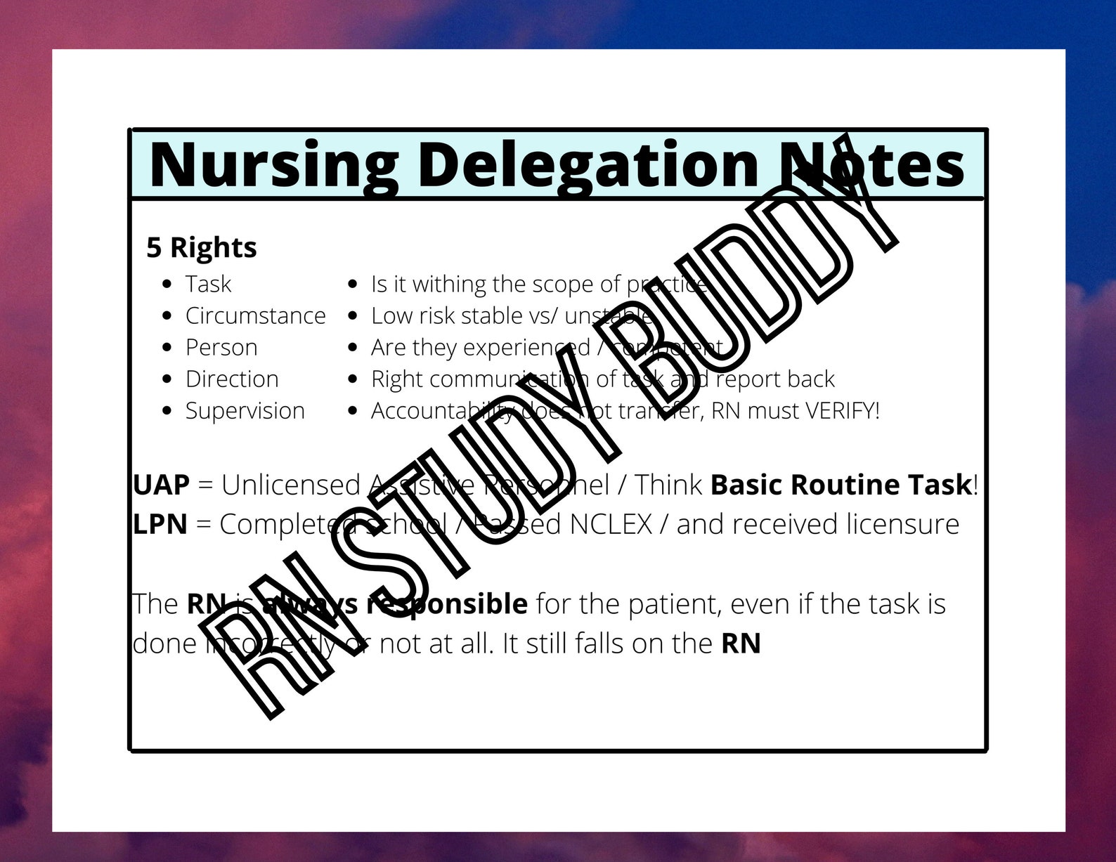 Nursing Delegation and Prioritization Cheat Sheet or Study Guide, 5 ...