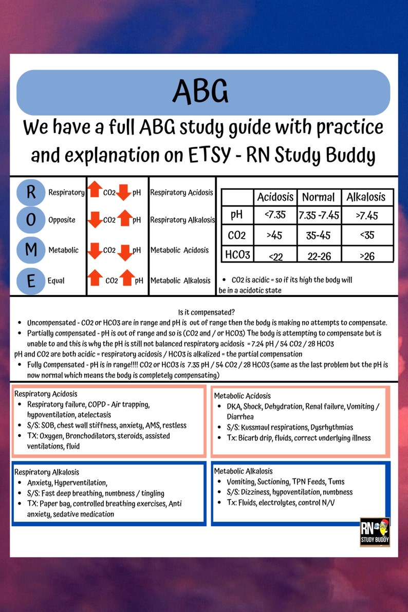 ABG or Arterial Blood Gas Nursing School Notes, Med Surg Pulmonary ...