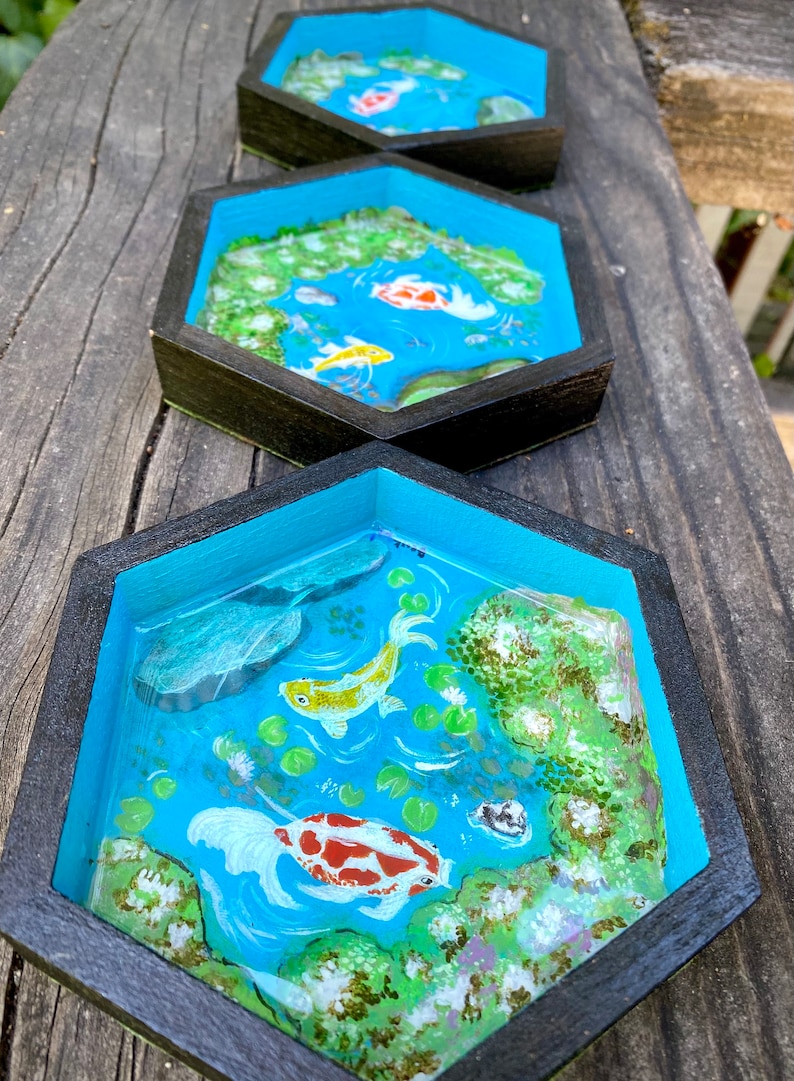 Hand Painted Koi Pond Catch All Tray: Hexagon Zen Decor, Jewelry, Sweet ...