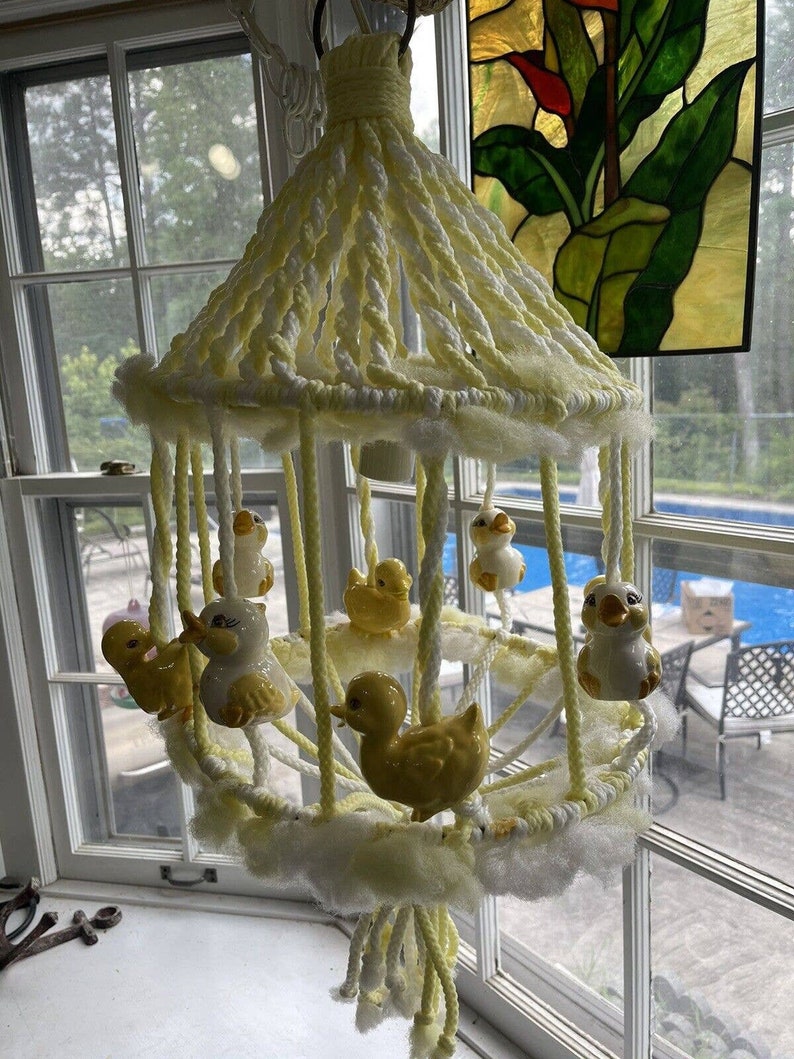 Vintage 70's 80's Macrame Pendant Swung Light Mobile Baby Ducks Kitsch ...