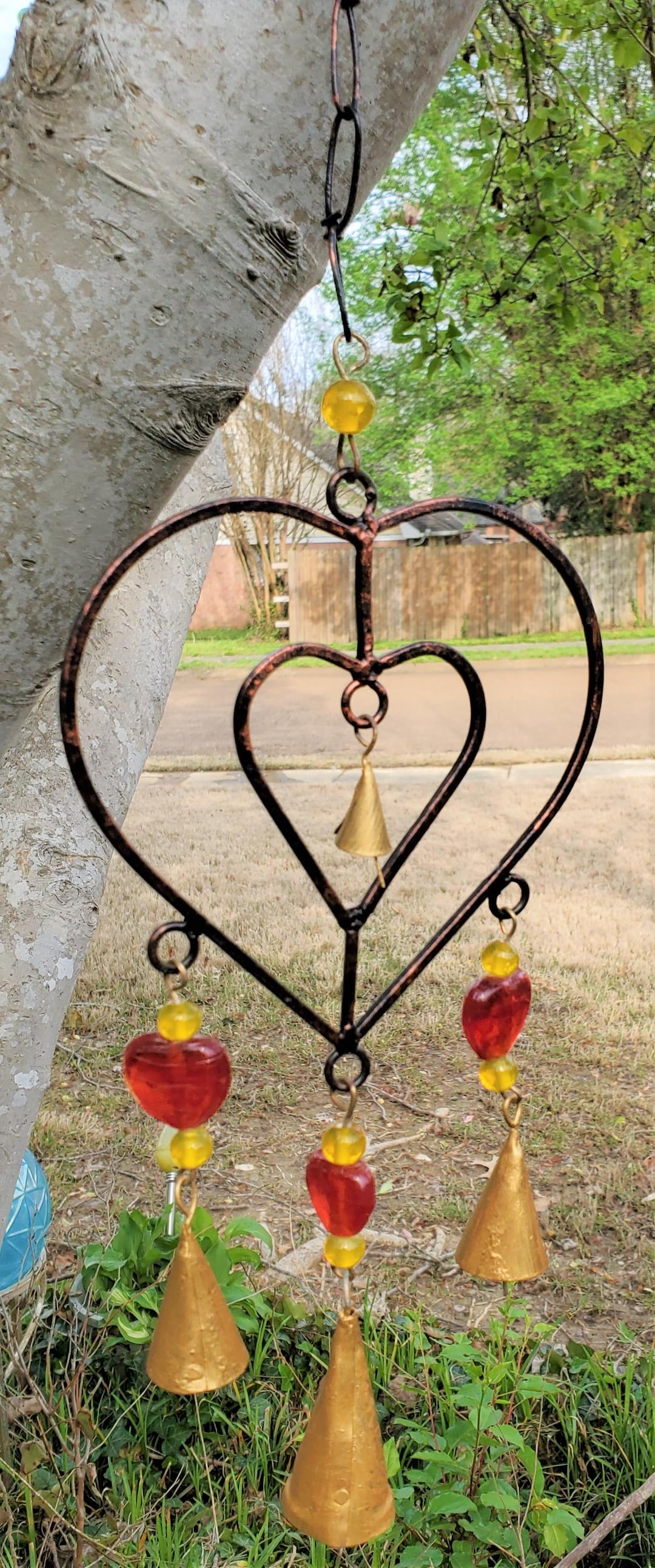Wrought Iron Double Heart Wind Chime Features Red Glass Heart Shaped ...