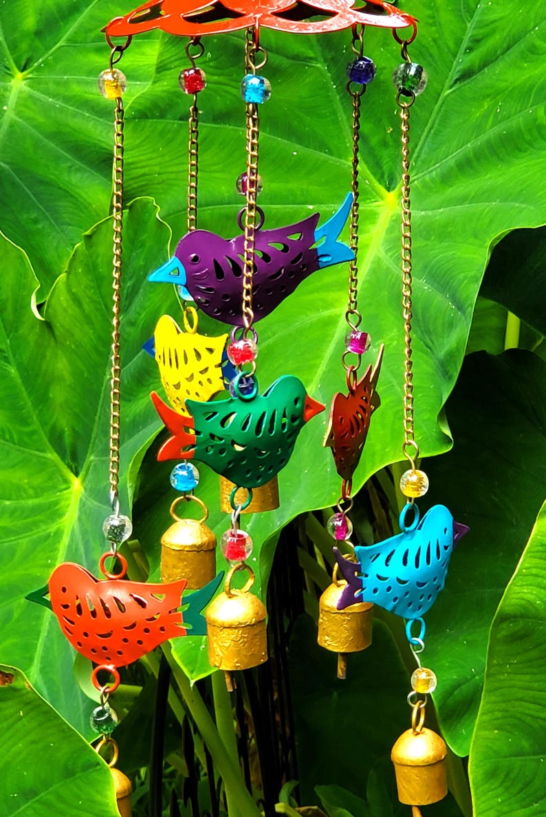 Carousel of Colorful Birds Wind Chime, Wrought Iron, Hand Painted ...
