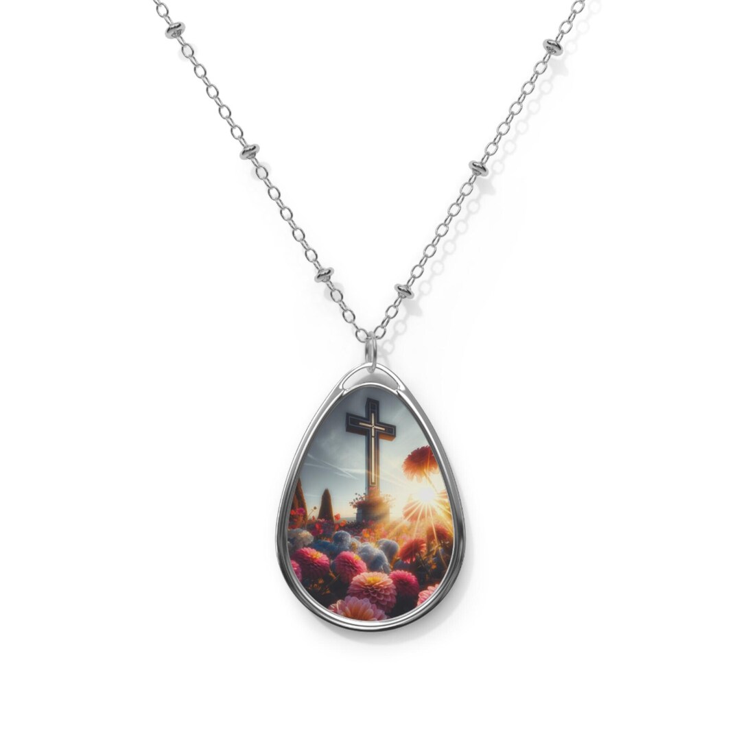 Oval Necklace - Christian Cross With Flowers and Sunshine - Etsy