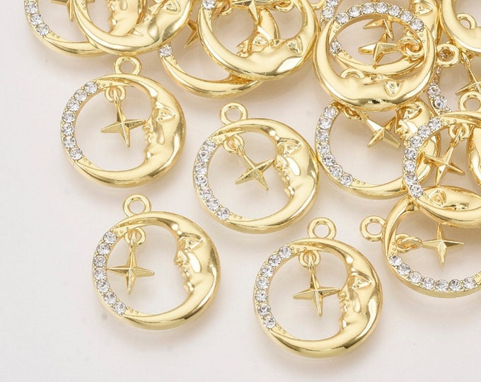 Gold Rhinestone Crescent Moon With Star Charm Celestial Charms Bulk Charms Set of 5 Charms Set ...