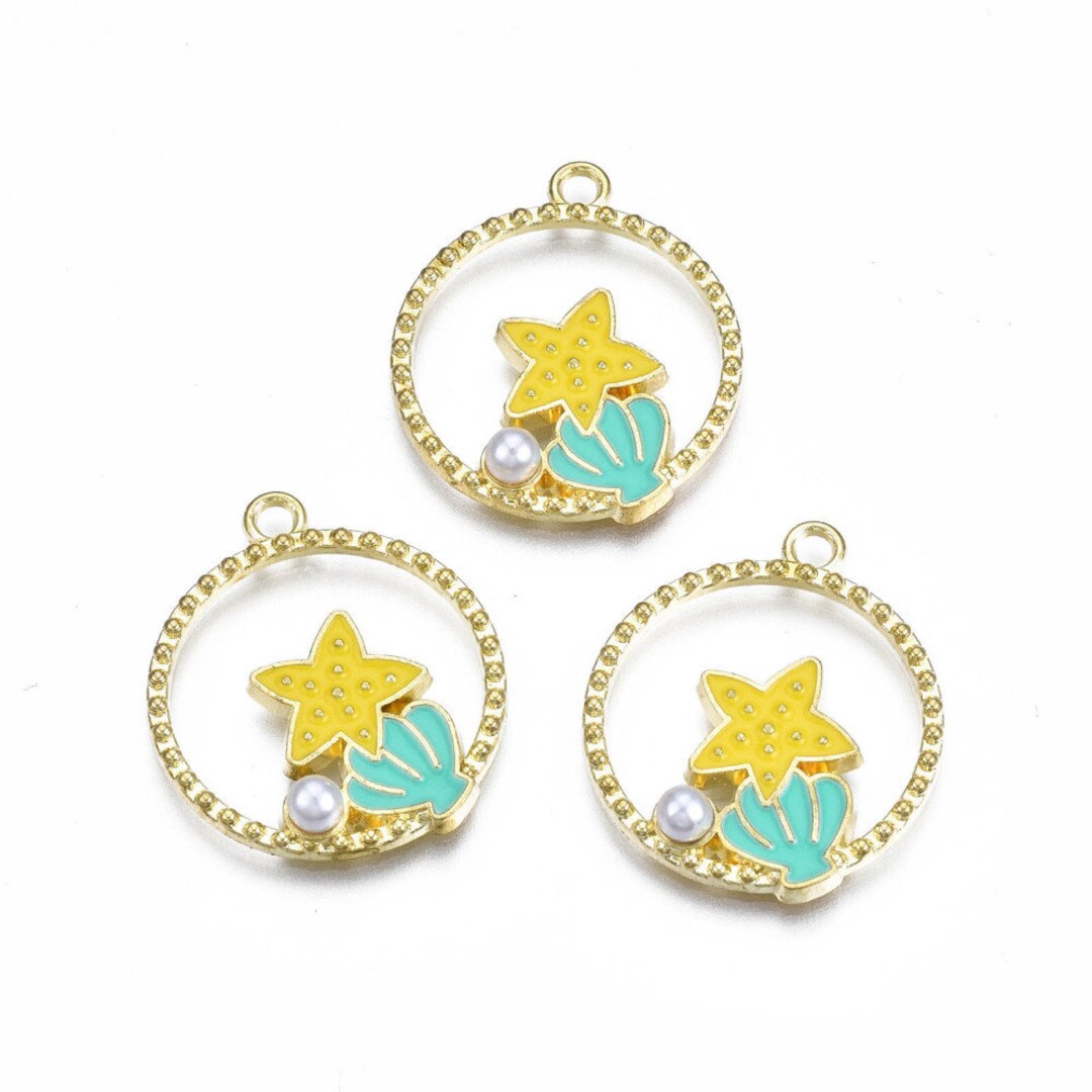 Gold Round Enamel Starfish & Sea Shell Charm | Summer Charms | Bulk ...