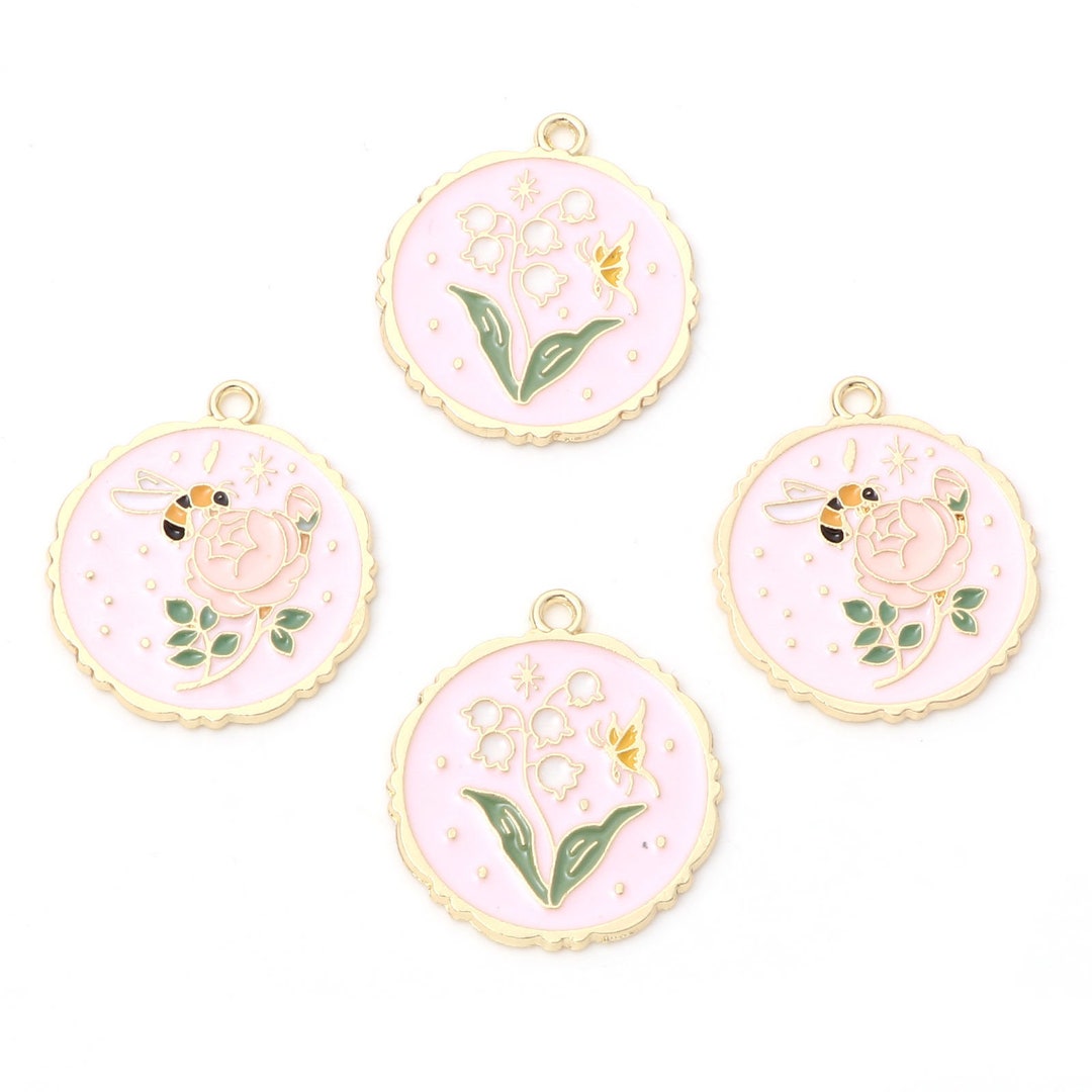 Pink Enamel Floral Charm | Spring Charms | Flower Charms | 5 Charms ...