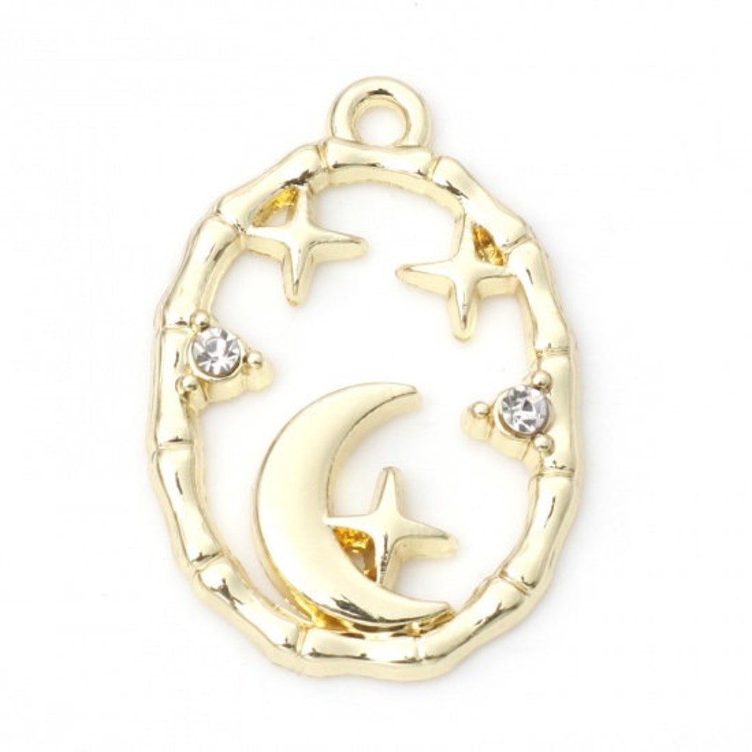 Gold Oval Crescent Moon W/ Stars & Rhinestone Charm - Etsy