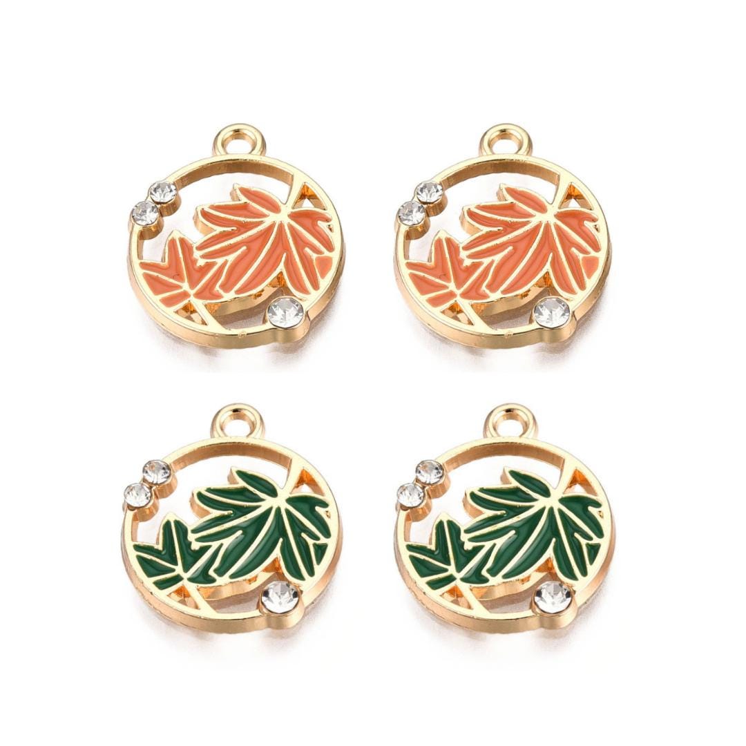Gold Round Enamel Maple Leaves With Rhinestones Charm | Autumn Charms ...