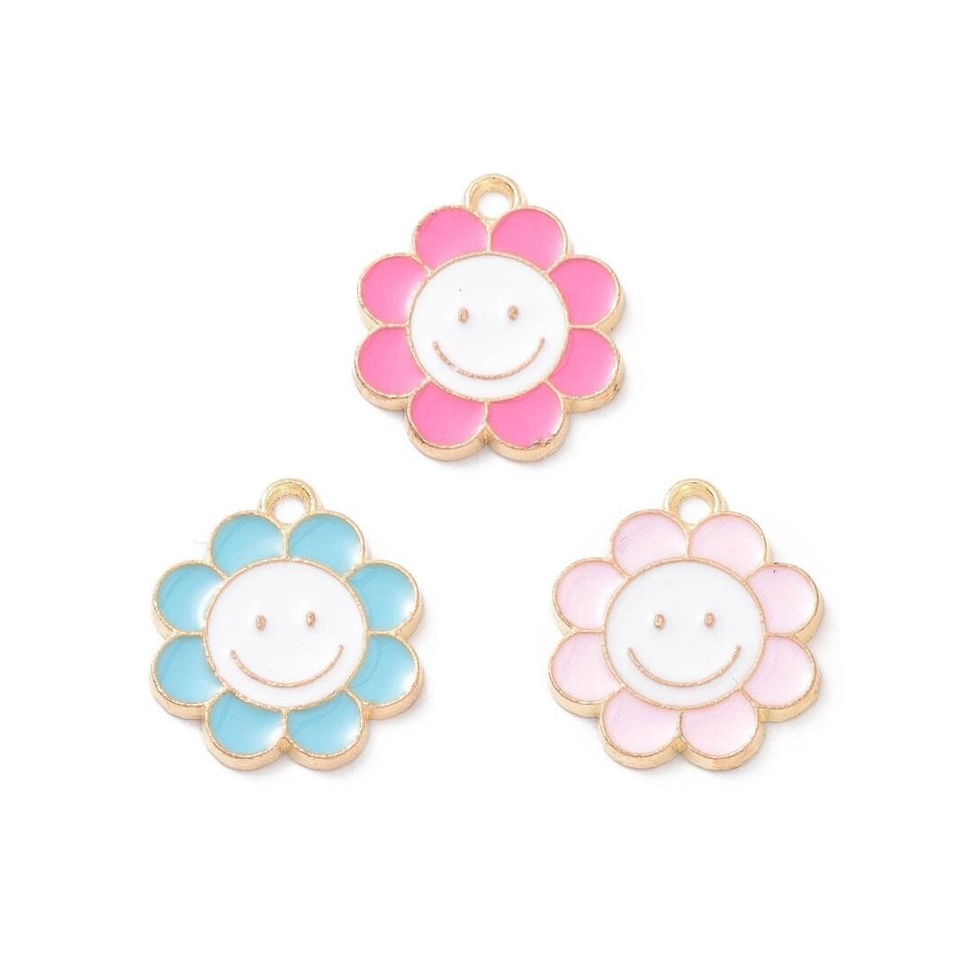 Gold Enamel Smiley Face Flower Charm | Spring Charms | Floral Charms ...