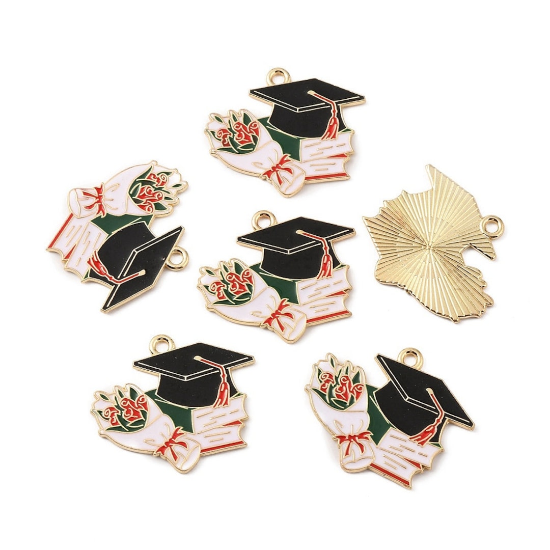 Gold Enamel Graduation Cap With Flowers and Books Charm | Graduation ...