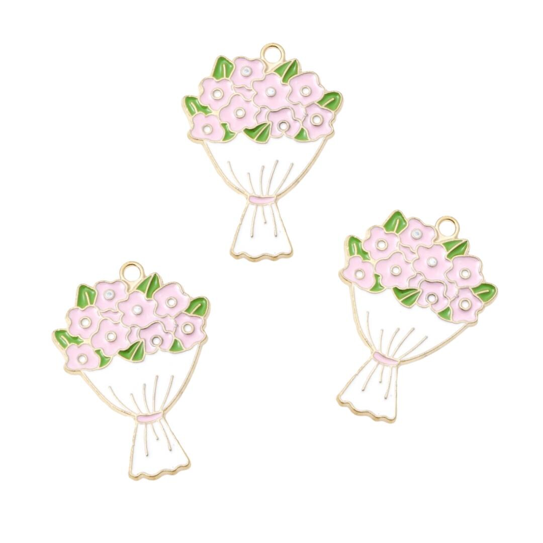 Gold Enamel Pink Flower Bouquet Charm | Valentine's Day Charms | Spring ...