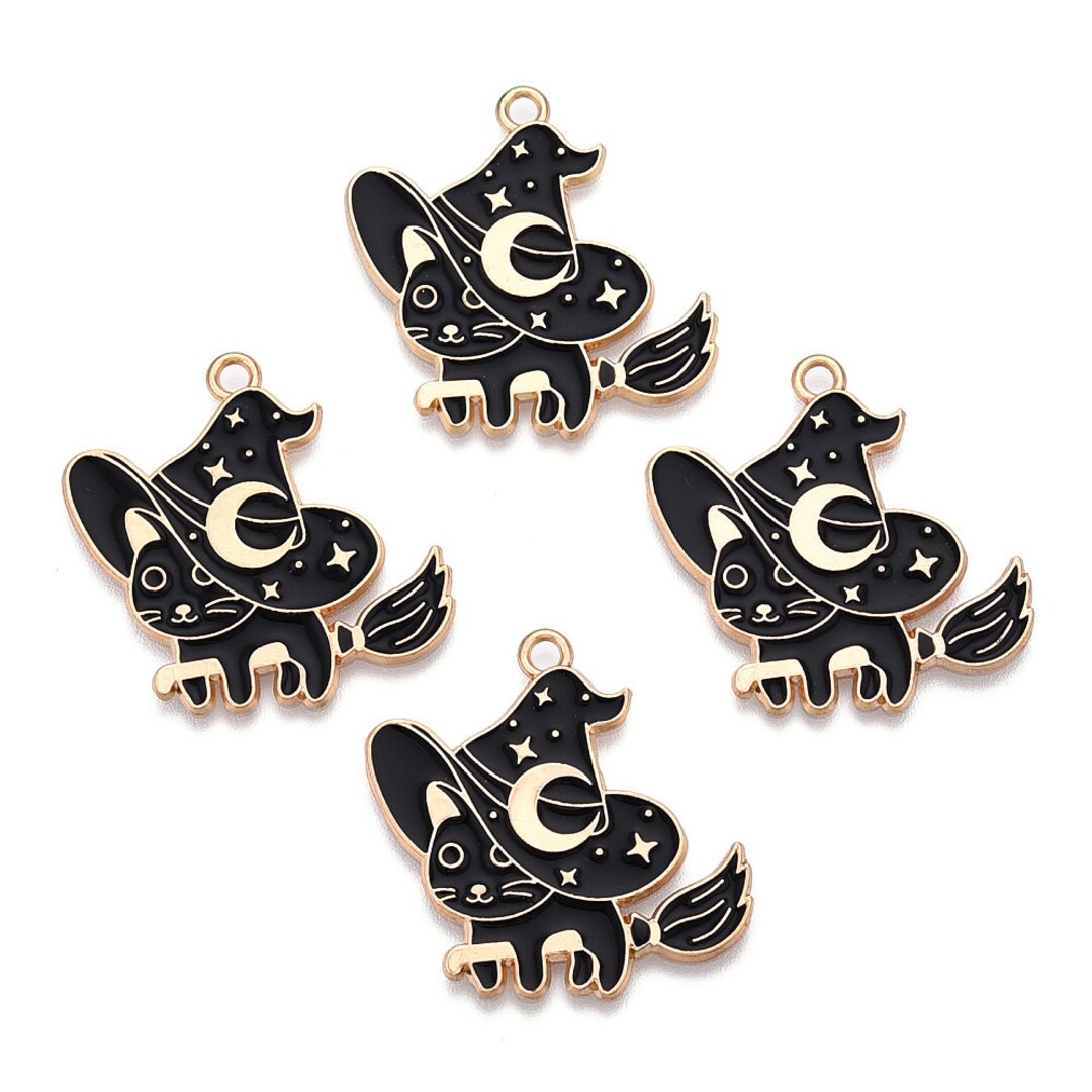 Gold Enamel Black Cat With Hat and Broom Charm | Halloween Charms ...