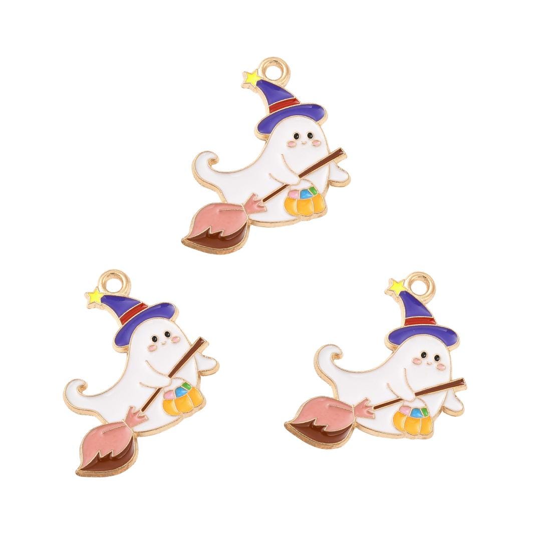 Gold Enamel Ghost With Witch Broom Charm | Halloween Charms | Ghost ...