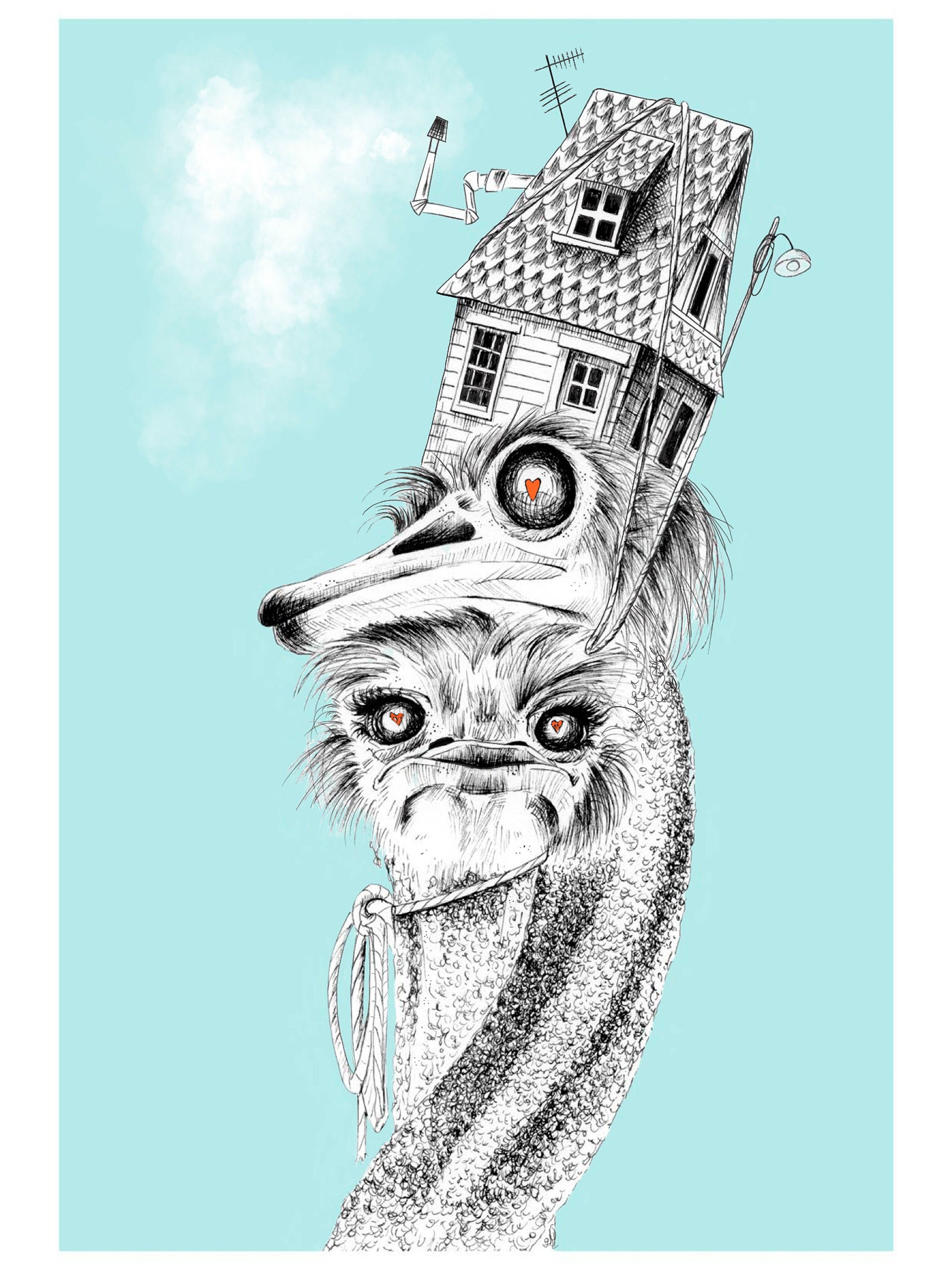 Ostrich Ink Illustration, Ostrich Decorative Sheet, Ostrich Wall ...