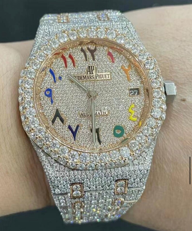 Iced Out Moissanite Multi Color Arabic Dial AP Watch VVS Moissanite ...