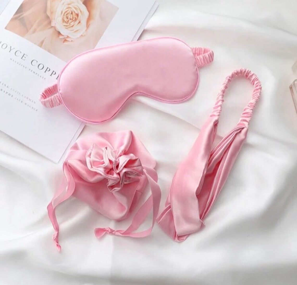 Set of 4 Pink Silk Eye Mask Headband Scrunchies and Bag - Etsy UK