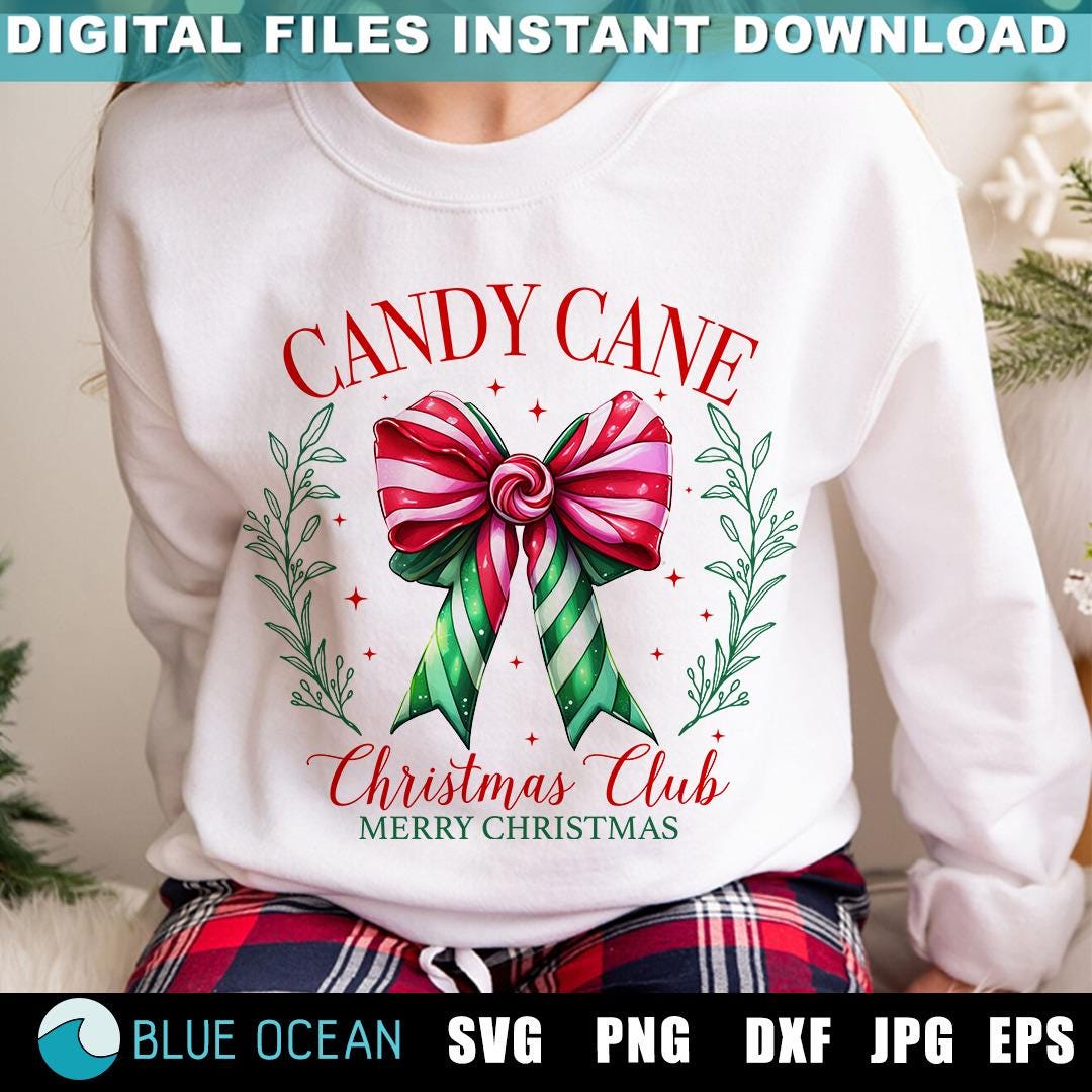 Candy Cane Christmas Club PNG: Bow Sublimation Design (digital Download ...