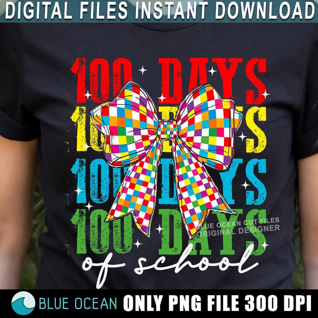 100 Days of School Coquette PNG, Checkered Colorful Bow, 100 Days ...