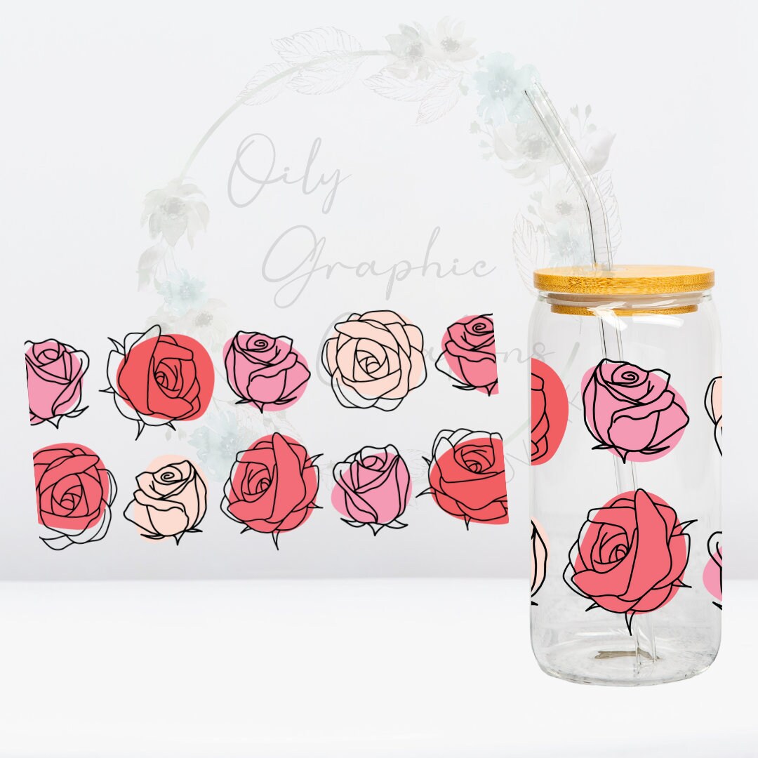 Rose Pattern UV DTF Wrap, 16oz Glass Can Wrap, Glass Cup, Transfer ...
