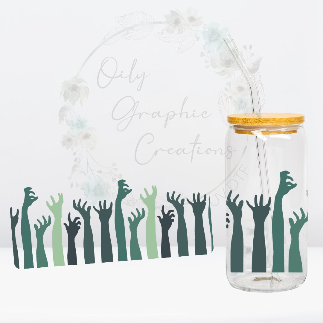 Zombie Reaching Hands UV DTF Wrap, 16oz Glass Can Wrap, Glass Cup ...