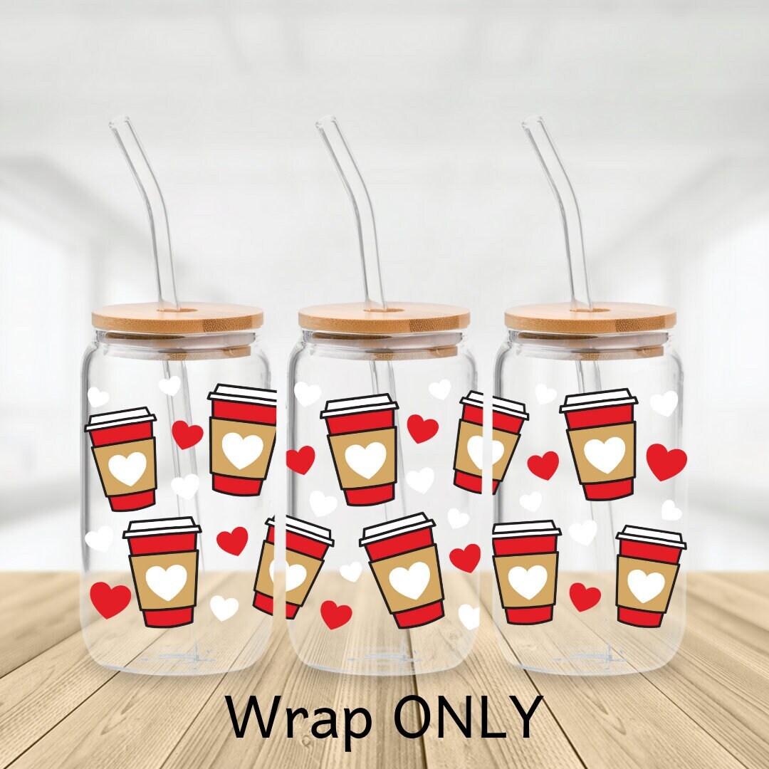 Red Coffee Cups UV DTF Wrap, 16oz Glass Can Wrap, Glass Cup, Transfer ...