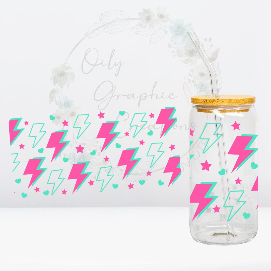 Pink Boltz UV DTF Wrap, 16oz Glass Can Wrap, Glass Cup, Transfer, Pink ...