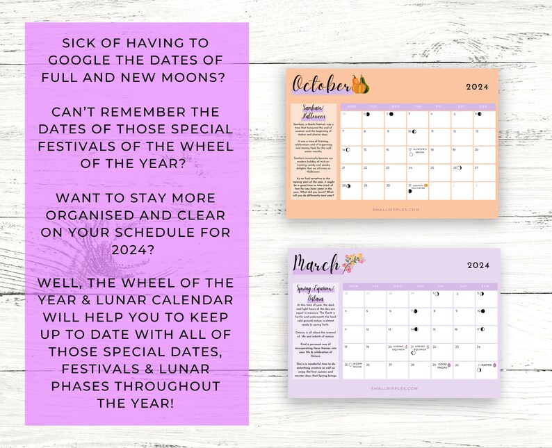 Calendario Rueda Del Año 2024 Imprimible // Calendario Lunar 2024 // Calendario Imprimible ...