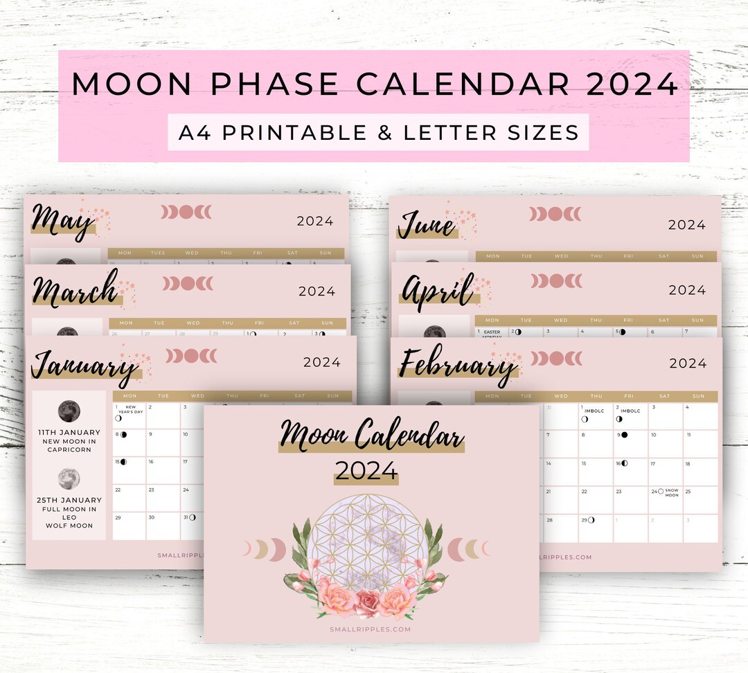 Moon Calendar 2024 Printable // Moon Phase Calendar // Lunar Calendar ...