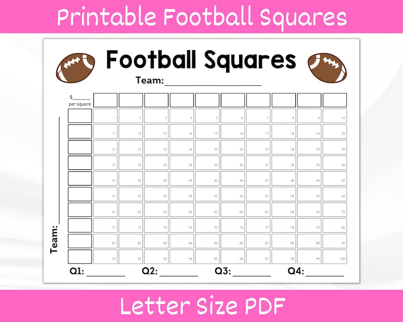 Football Squares Printable. Football Betting Game. Football Pool. Football Fundraiser. Football ...