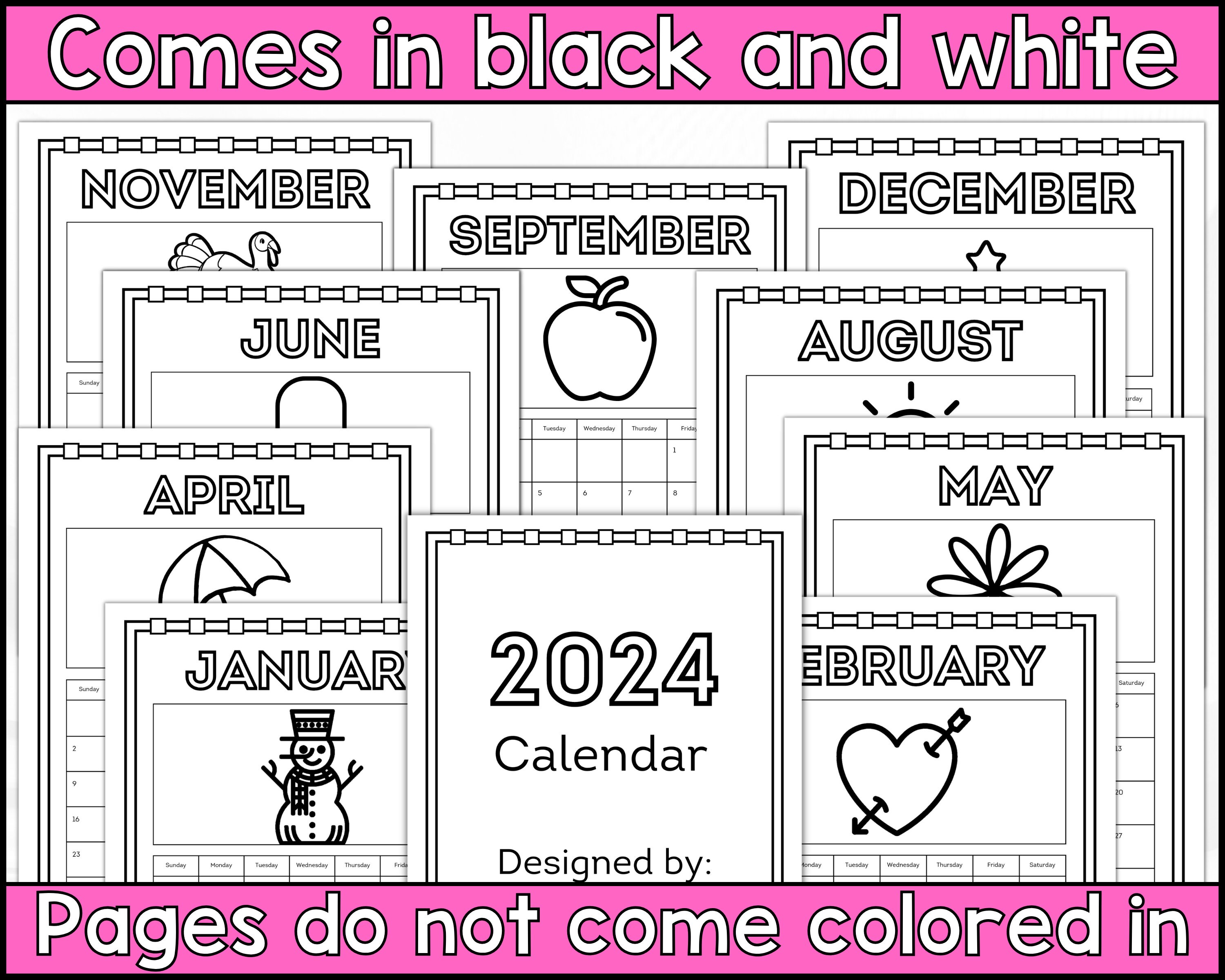 2024 Coloring Calendar Printable. Kids Calendar. Holiday Parent Gift ...
