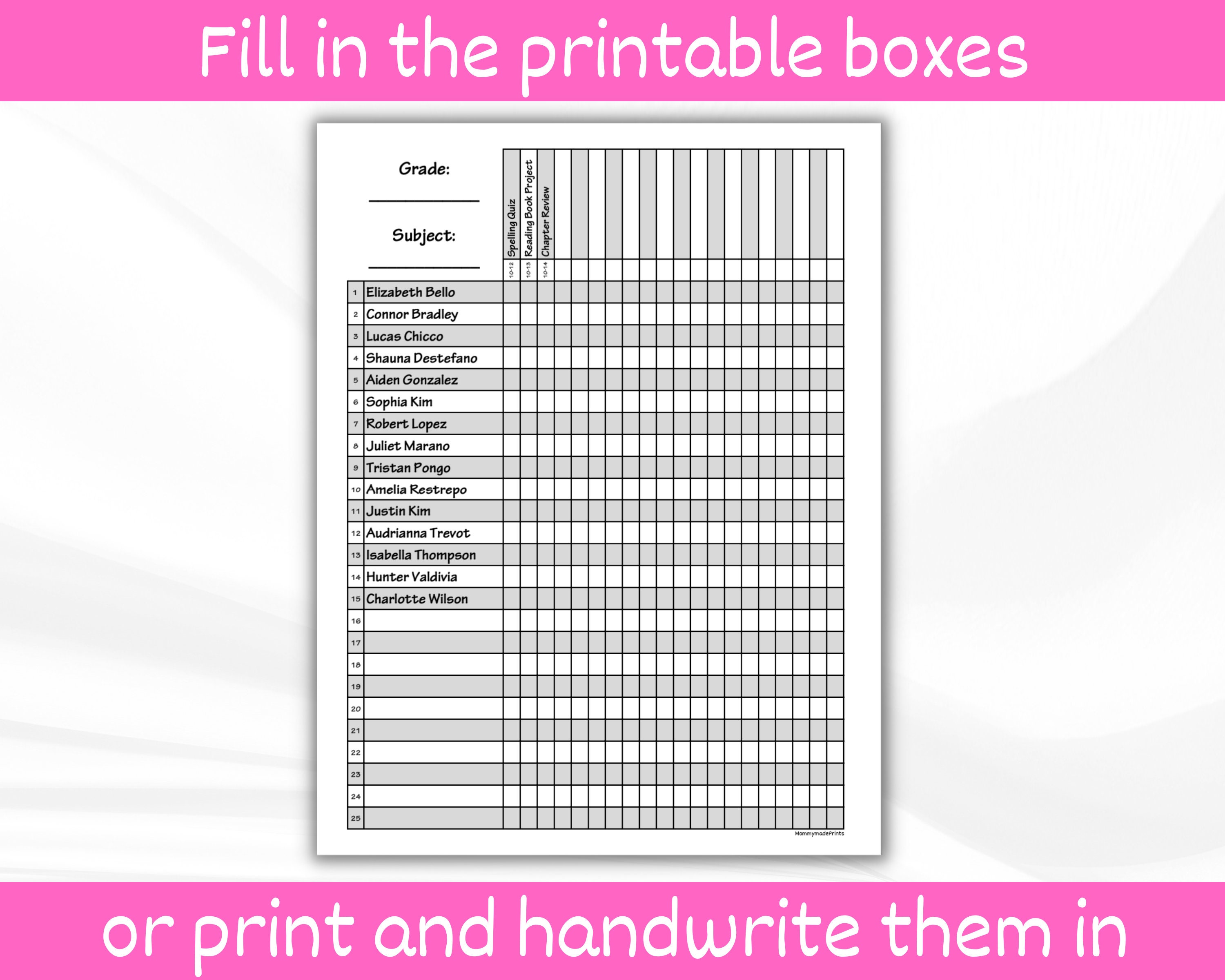 Editable Teacher Gradebook for 25 Students All Editable Fields. Grade ...