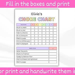 Editable Rainbow Chore Chart. Kids Daily Chore List. Daily ...