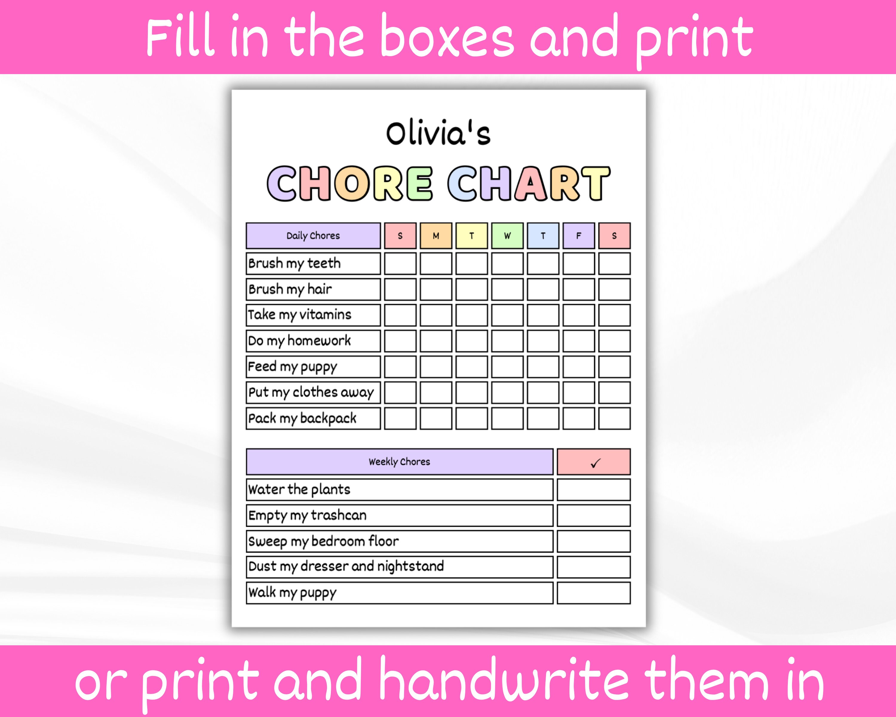 Editable Rainbow Chore Chart. Kids Daily Chore List. Daily ...