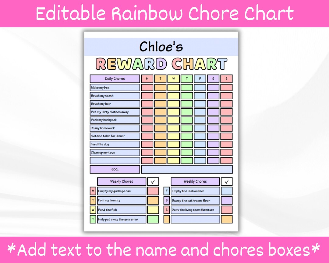 Editable Rainbow Chore Chart for Kids. Kids Daily Chore List. Daily ...
