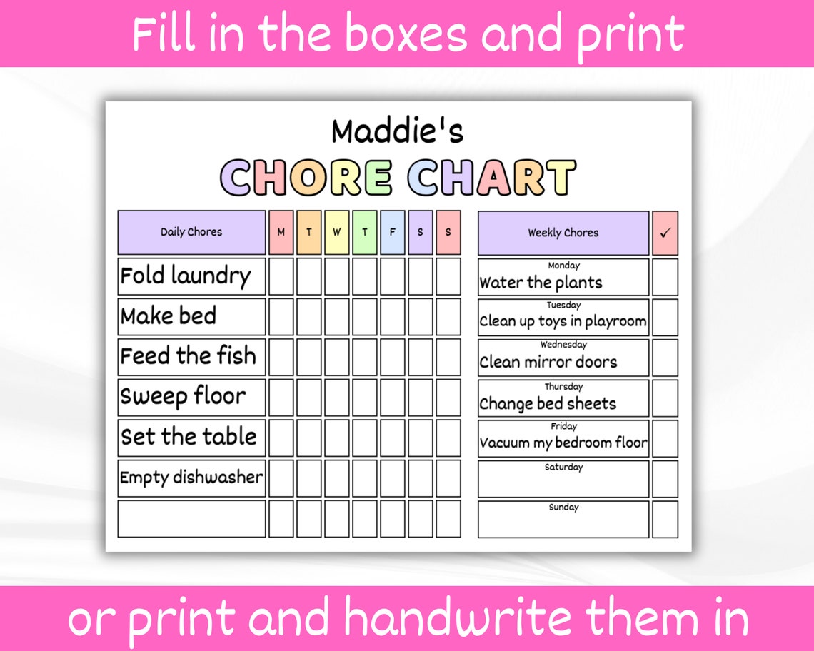 Editable Rainbow Chore Chart. Kids Daily Chore List. Daily ...