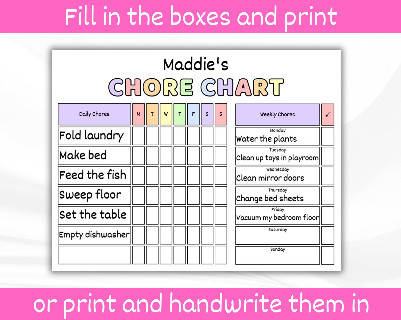 Editable Rainbow Chore Chart. Kids Daily Chore List. Daily ...