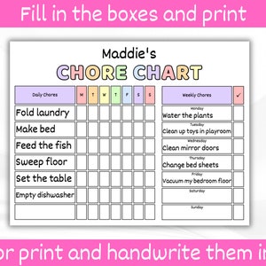 Editable Rainbow Chore Chart. Kids Daily Chore List. Daily ...