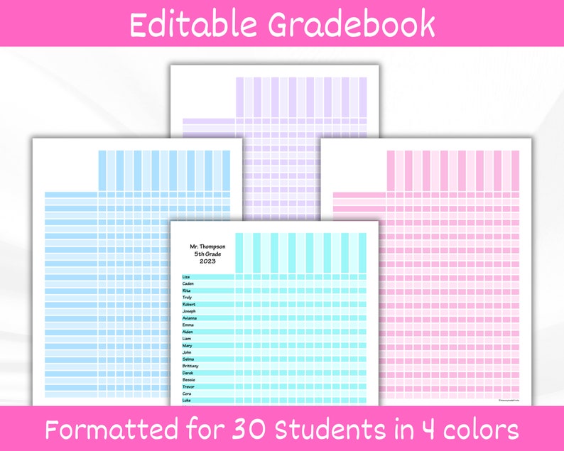 Editable Teacher Gradebook Boxes Printable for 30 Students. Teacher ...