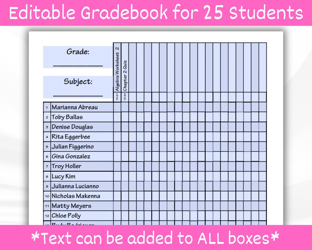 Editable Teacher Gradebook for 25 Students All Editable Fields. Grade ...