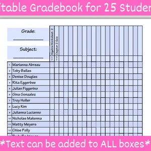 Editable Teacher Gradebook for 25 Students All Editable Fields. Grade ...