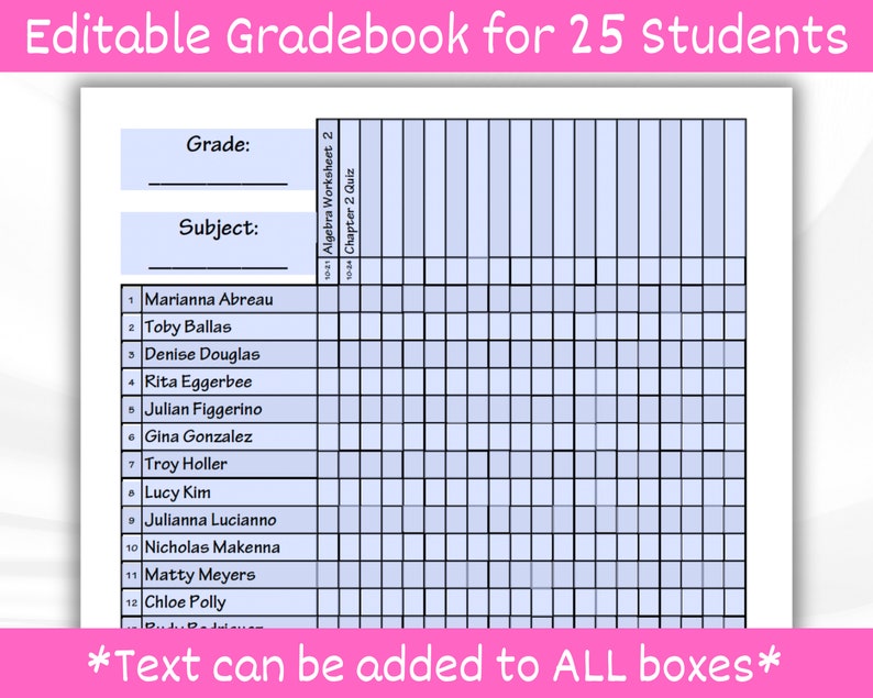 Editable Teacher Gradebook for 25 Students All Editable Fields. Grade ...