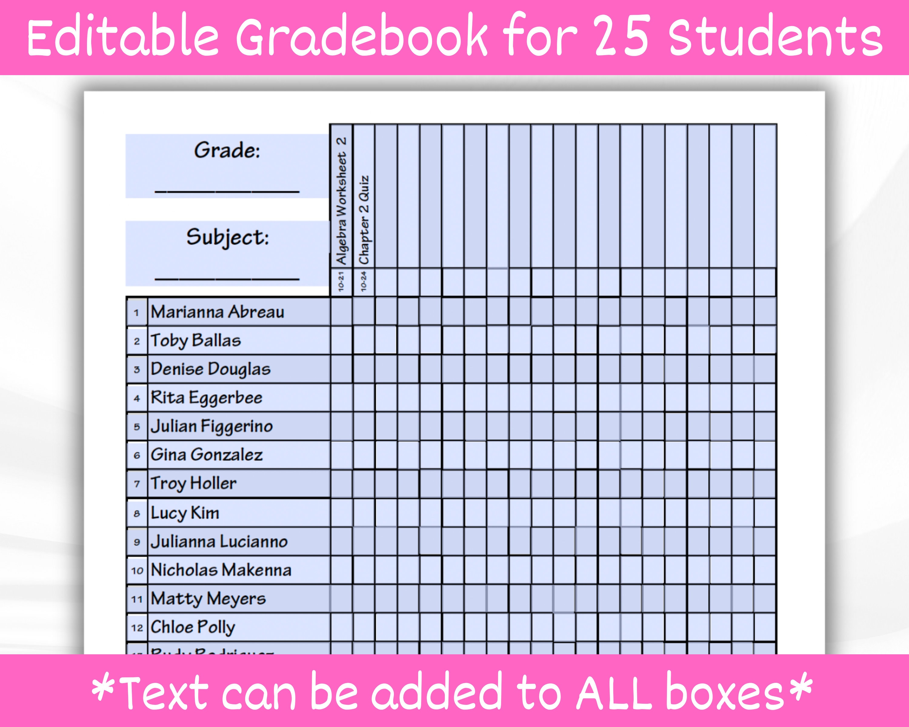 Editable Teacher Gradebook for 25 Students All Editable Fields. Grade ...