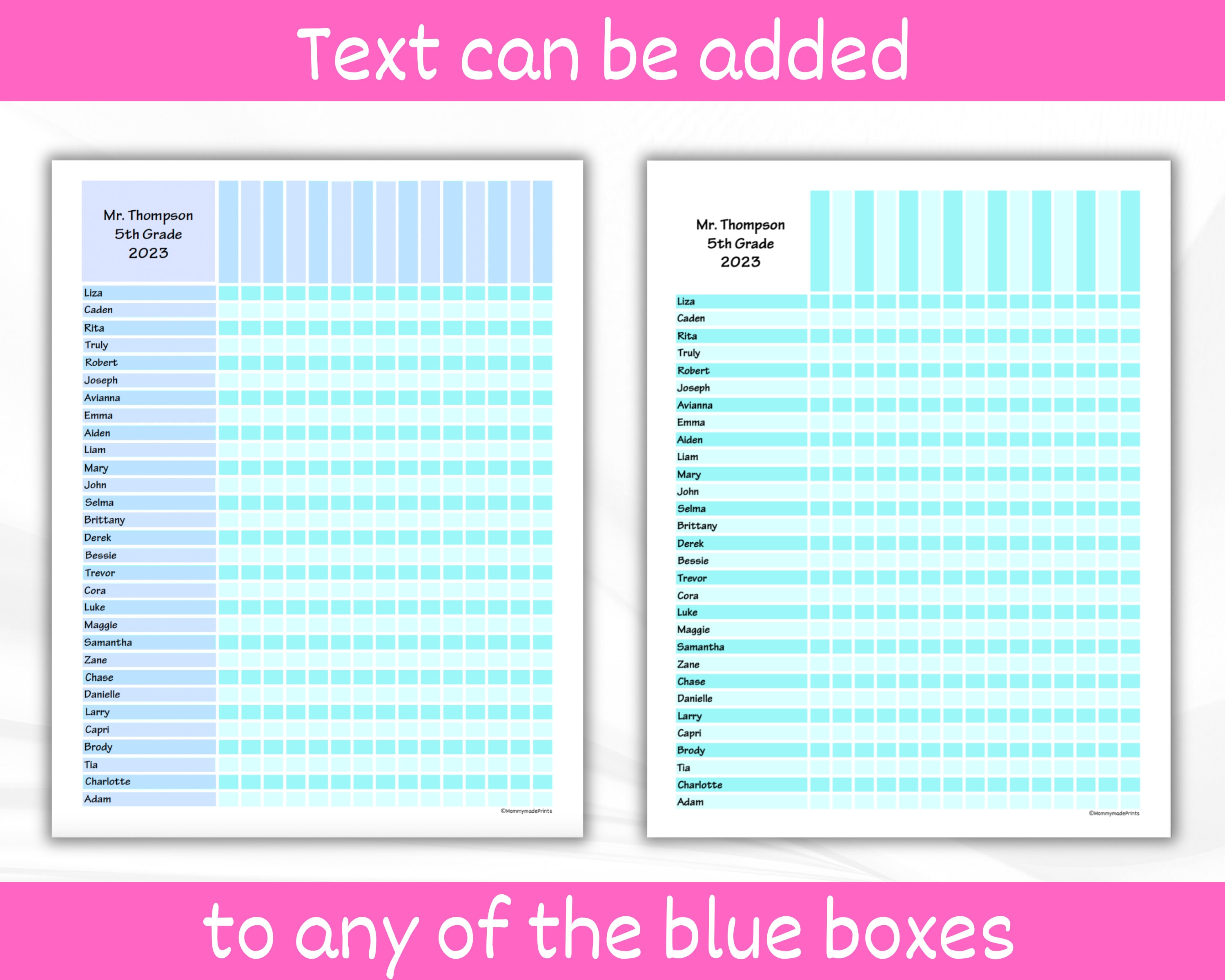 Editable Teacher Gradebook Boxes Printable for 30 Students. Teacher ...