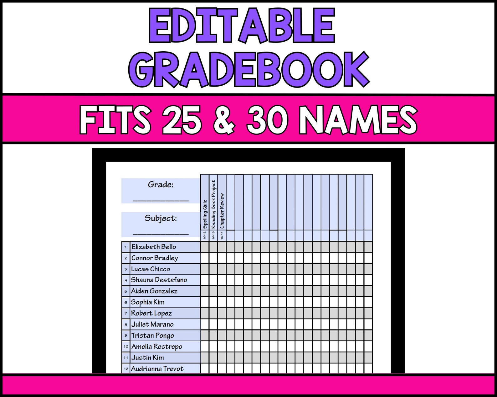 Editable Teacher Gradebook Printable. Teacher Planner. Grade Tracker ...