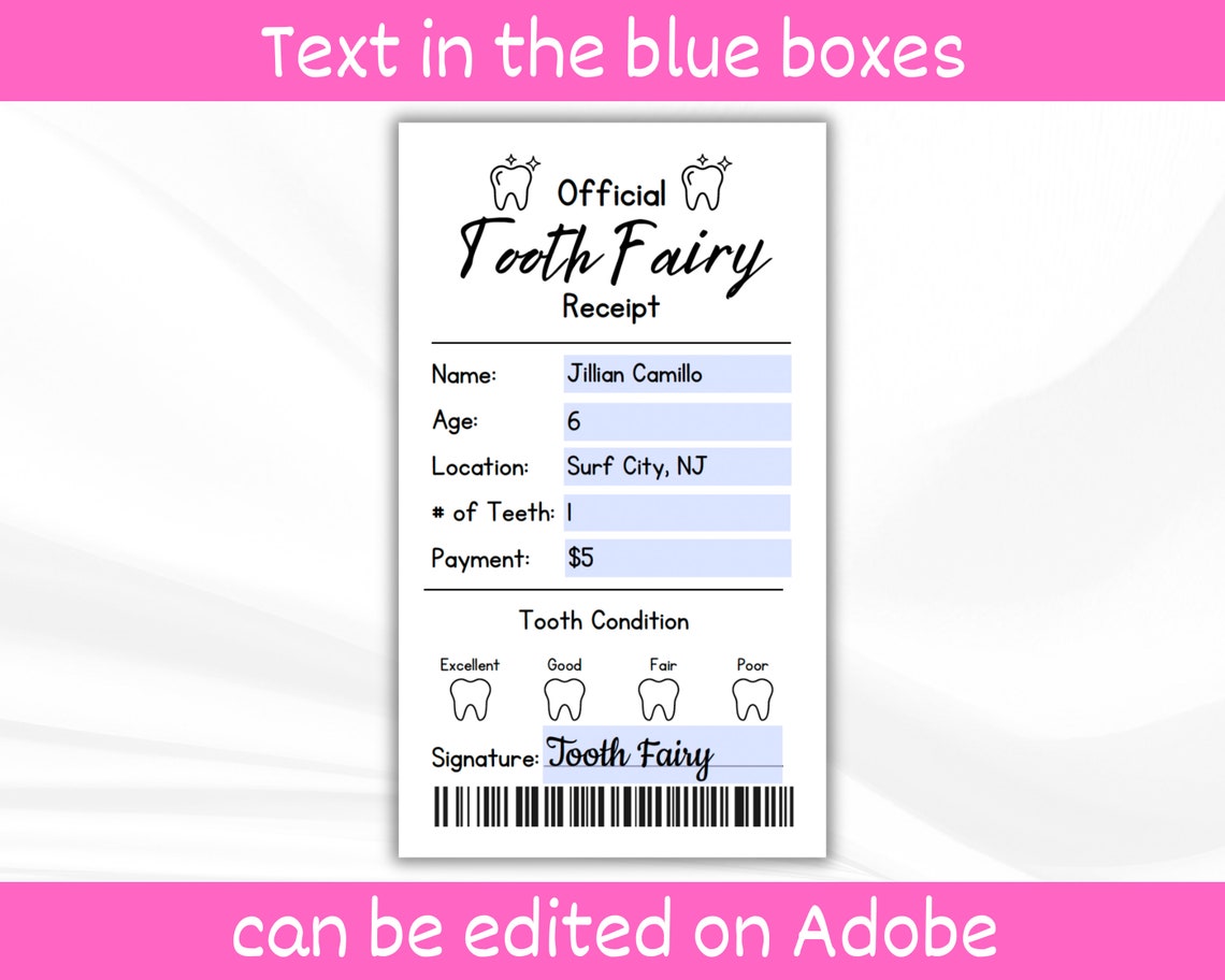 Editable Tooth Fairy Letter Printable Certificate. Tooth Fairy Receipt ...
